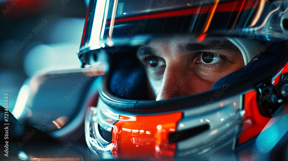 F1 racing driver thinking before his race, wearing a bright red and ...