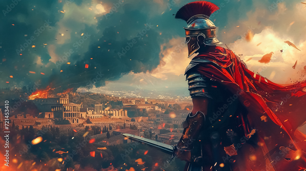 a roman soldier with sword in his hand watching the roman empire fall ...