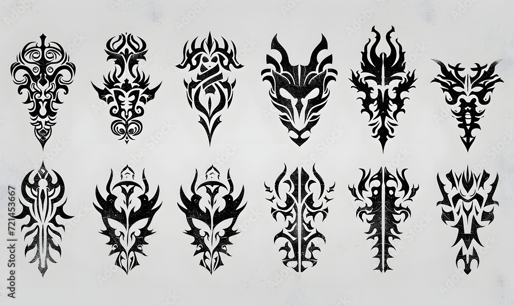 Neo tribal tattoo set, vector Celtic gothic cyber body ornament shapes ...