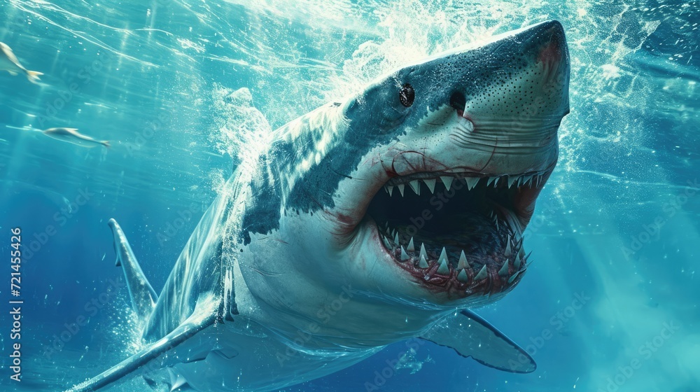 A chilling image portrays a shark, its gaping maw revealing rows of ...