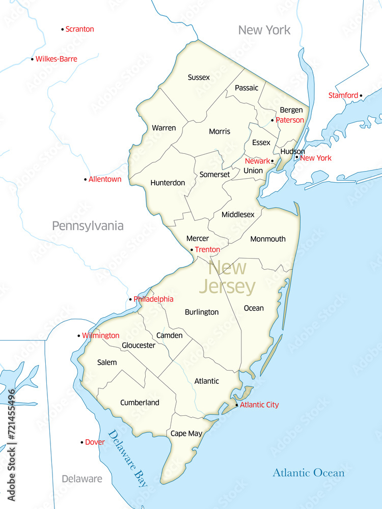 Map showing the borders of the various counties that make up the state ...