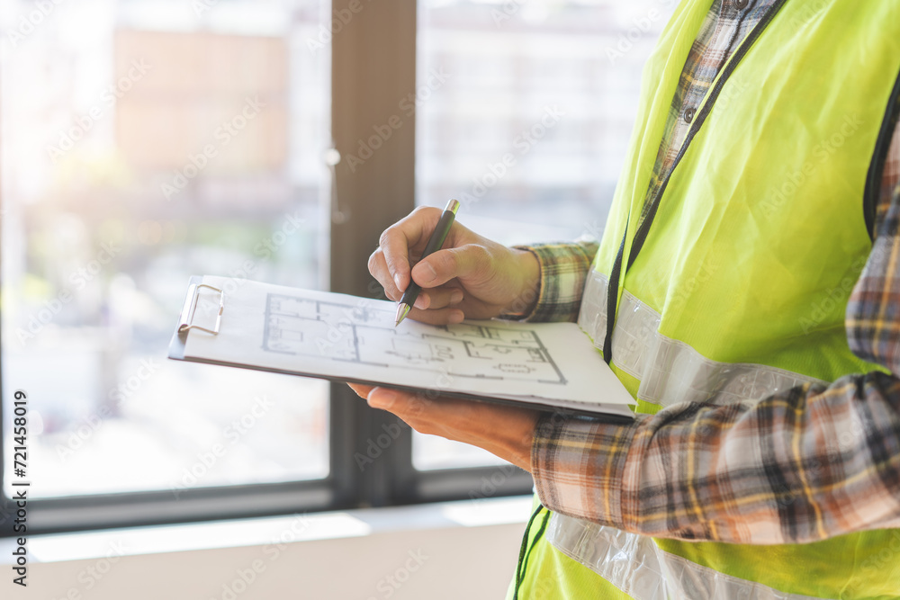 Building inspection asian contractor young man, male inspecting home ...