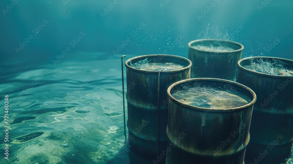 Rusty barrels of toxic chemicals on the ocean floor. A submerged danger ...