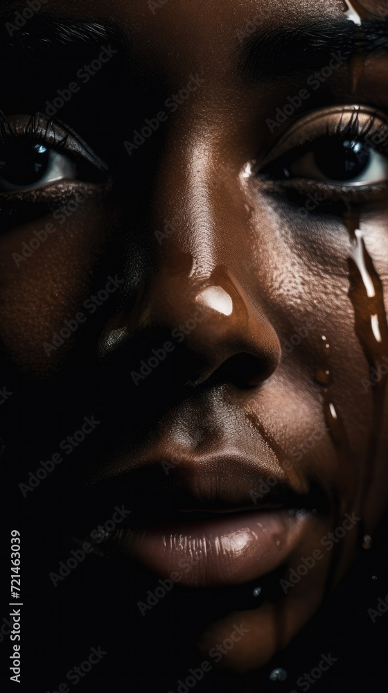 Emotive close-up of a black woman's tear-streaked face, highlighting ...