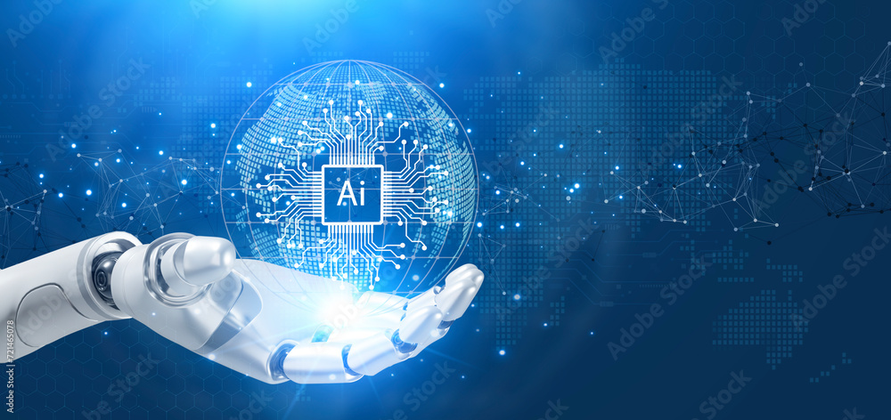 Robot hand holding ai translator with a blue background, Artificial ...