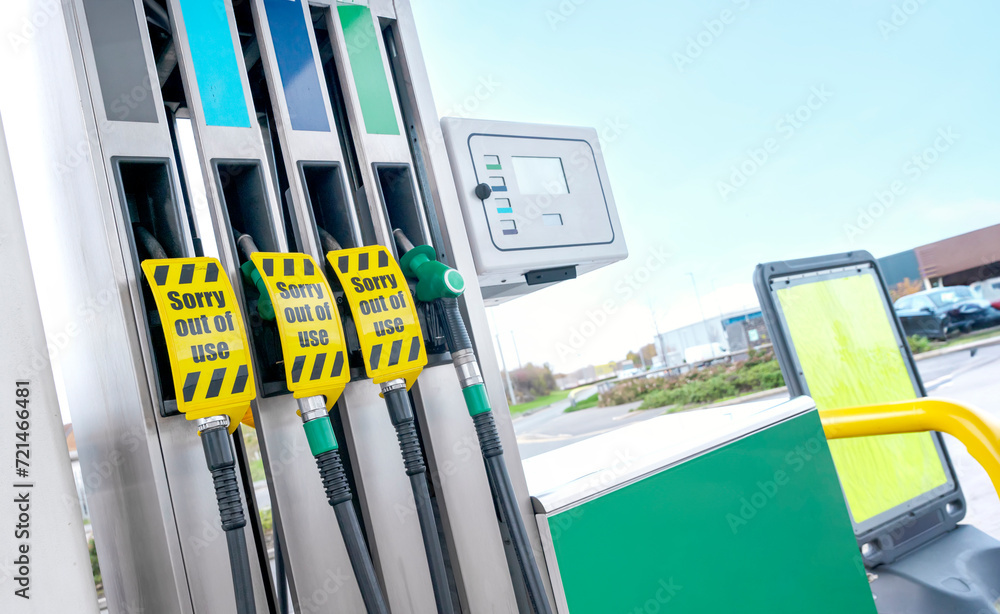 A Fuel pump is out of order sign on. No fuel at gas station. Petrol ...