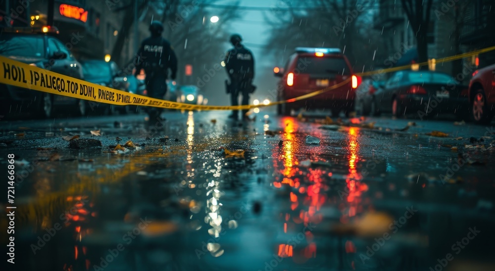 A group of police officers stand in the rain, illuminated by the city ...