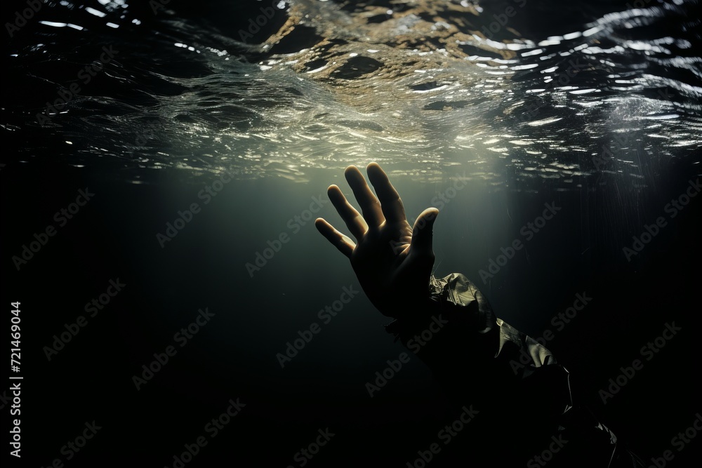 Desperate drowning persons hand reaching out for the waters surface in ...