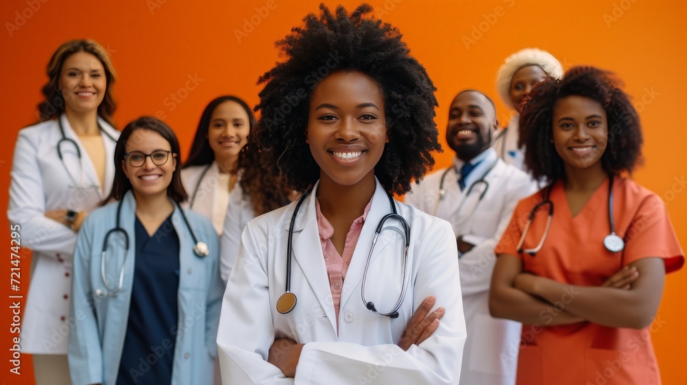 Commercial photography, smiling black female doctor in white coat ...