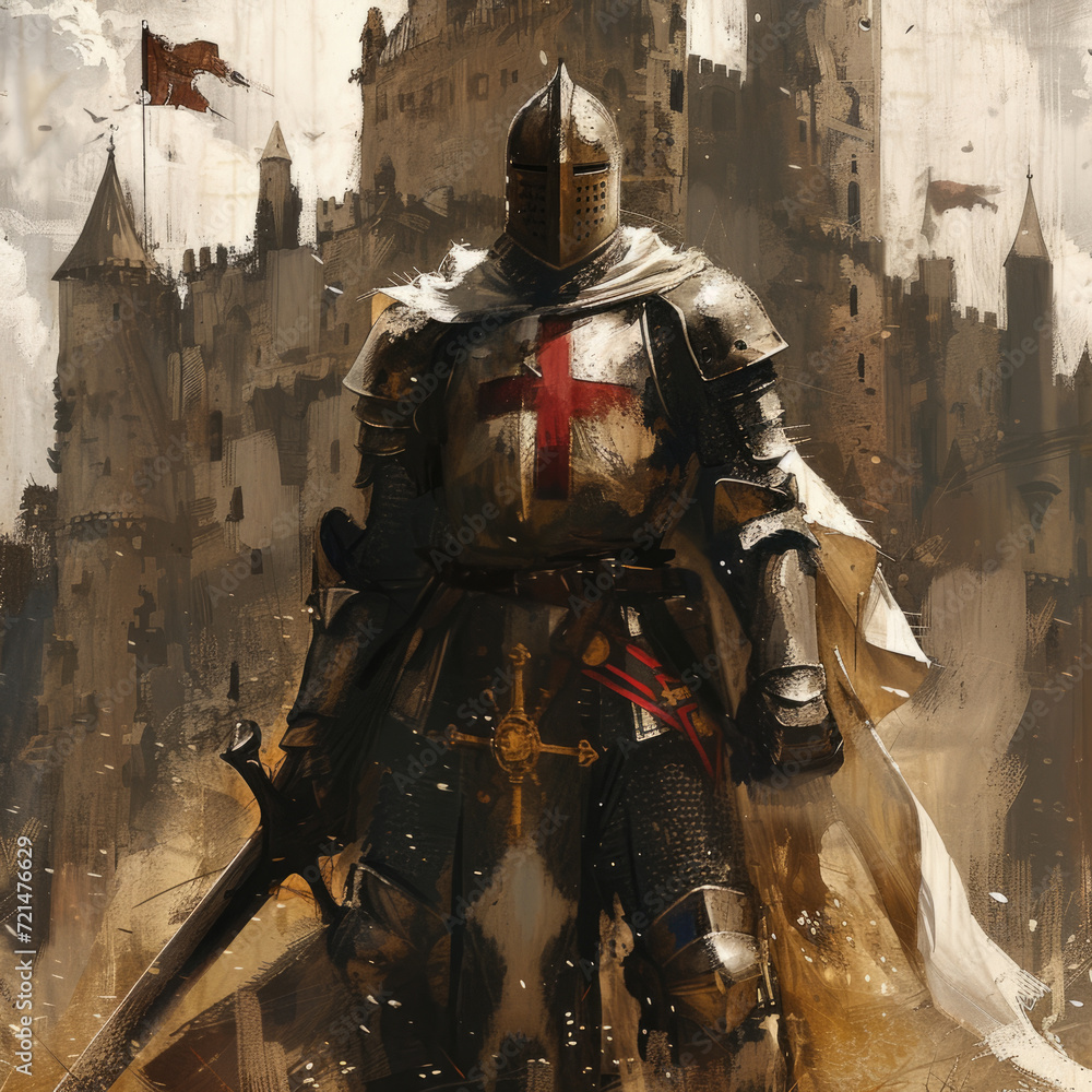 Crusader knight with a sword against the backdrop of an ancient castle ...