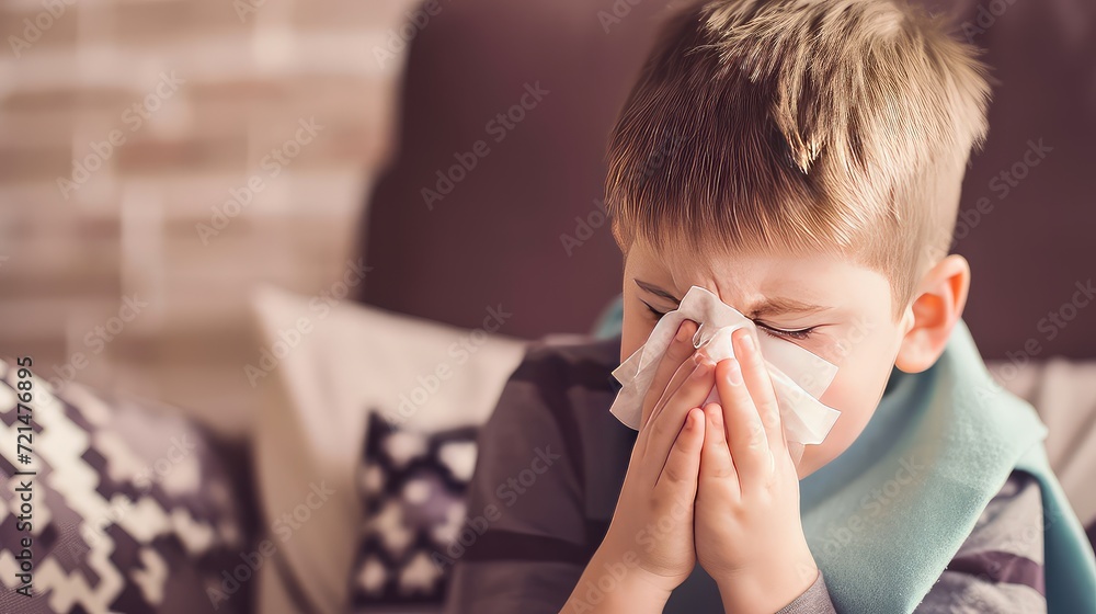 In the comfort of his home, a sick boy rests on the couch, tissues ...