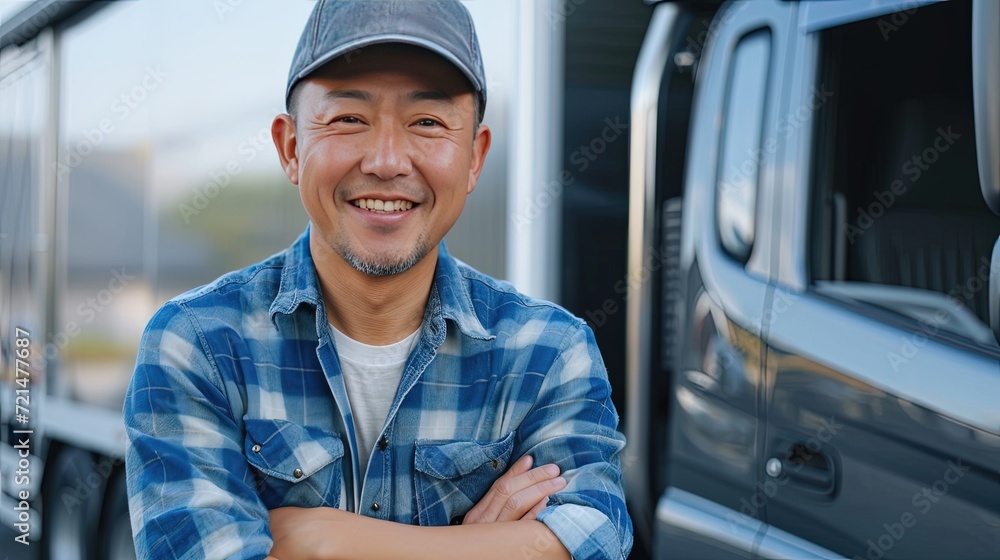 A confident male driver standing next to his truck. The concept of ...