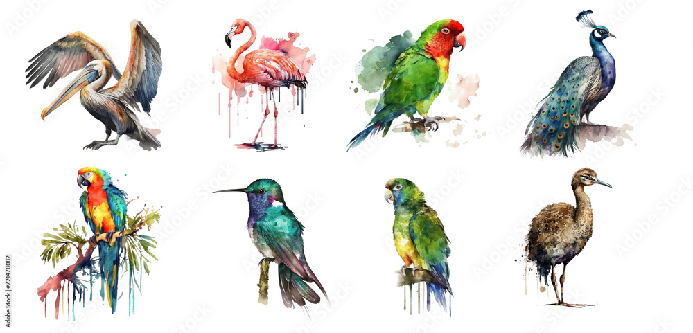 Tropical birds. Watercolor clipart on a white background. Stock ...