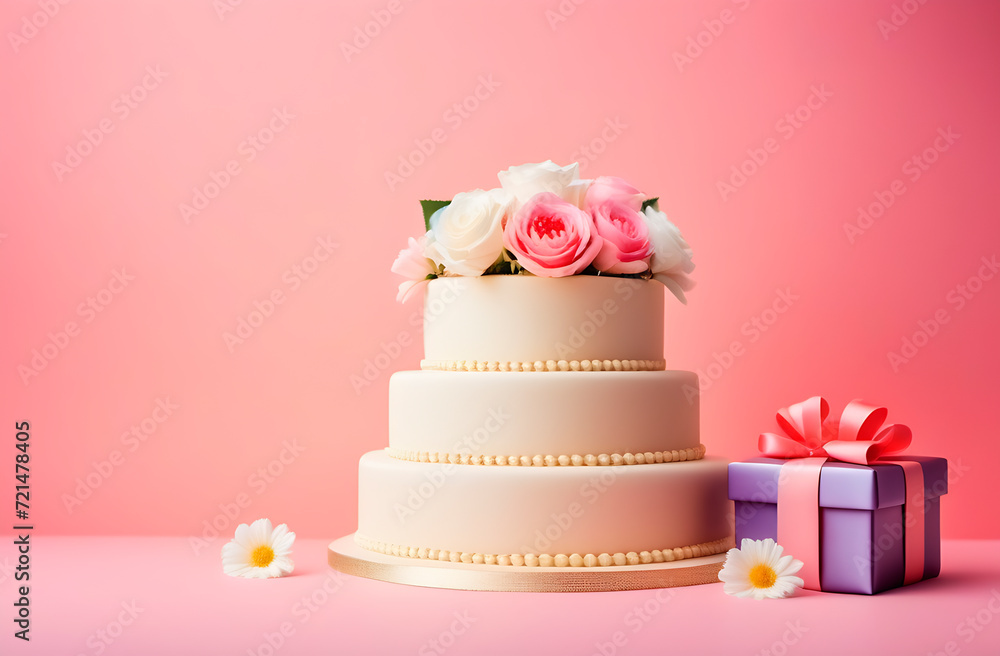 A beautiful large cream-colored cake decorated with rose flowers, next ...