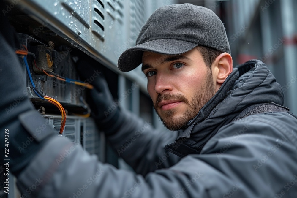 Smiling electrician at work, checking and maintaining electrical ...
