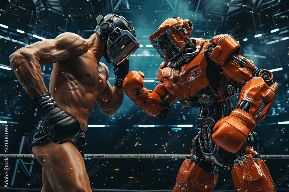 Two athletic and muscular body boxers with safety helmet or boxing head ...