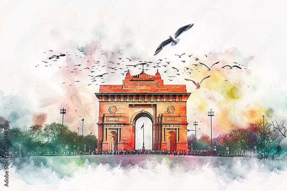 Illustration of India Gate with flying seagulls on watercolor ...