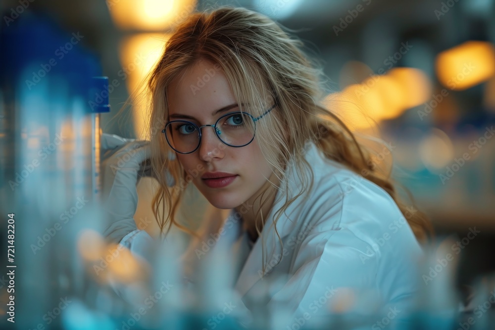 A determined woman in a lab coat gazes through her glasses, her human ...