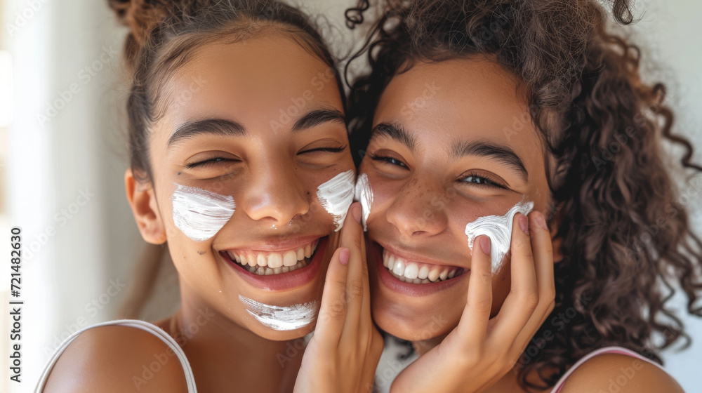 two joyful individuals with radiant smiles, playfully applying facial ...