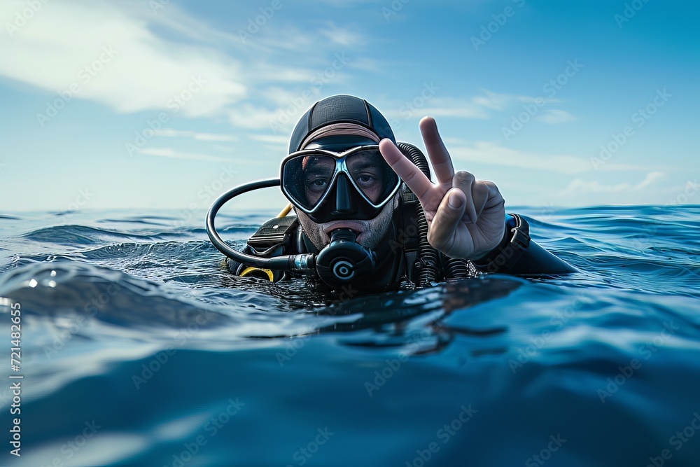 a Scuba Diver men showing peace sign, while floating at the sea water ...