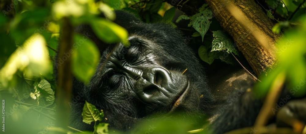 Majestic Gorilla Resting Beneath Towering Trees: A Serene Encounter with a Majestic Gorilla ...