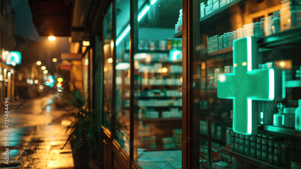 Pharmacy with a glowing neon cross sign in an urban setting, showcasing ...