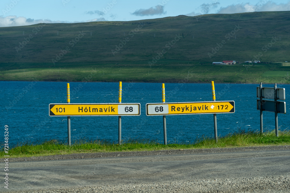Iceland road signs giving directions to various towns (Reykjavik ...