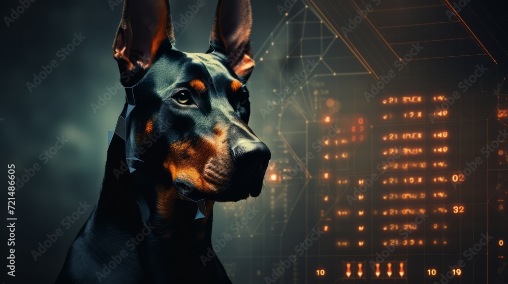 Dog Doberman developer. Doberman Dog programmer. Horizontal banking poster background for ...