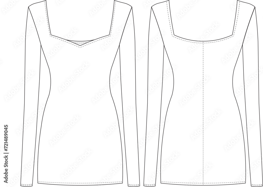 sweetheart square neck long sleeve, bodycon mini dress template ...