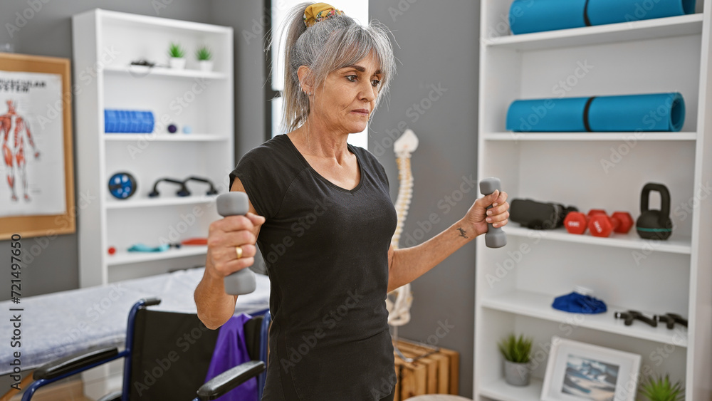 Mature woman exercises with dumbbells in a rehab clinic's interior ...
