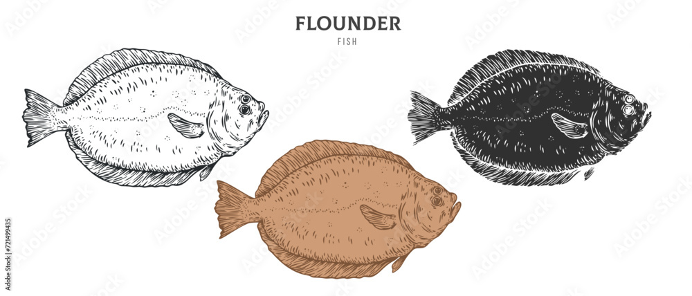 Hand drawn flounder fish isolated on white background. Set cartoon ...