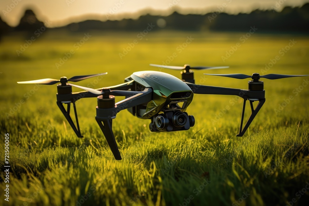 Drone flying on land of grass, Drone flying on golden moment in a empty ...