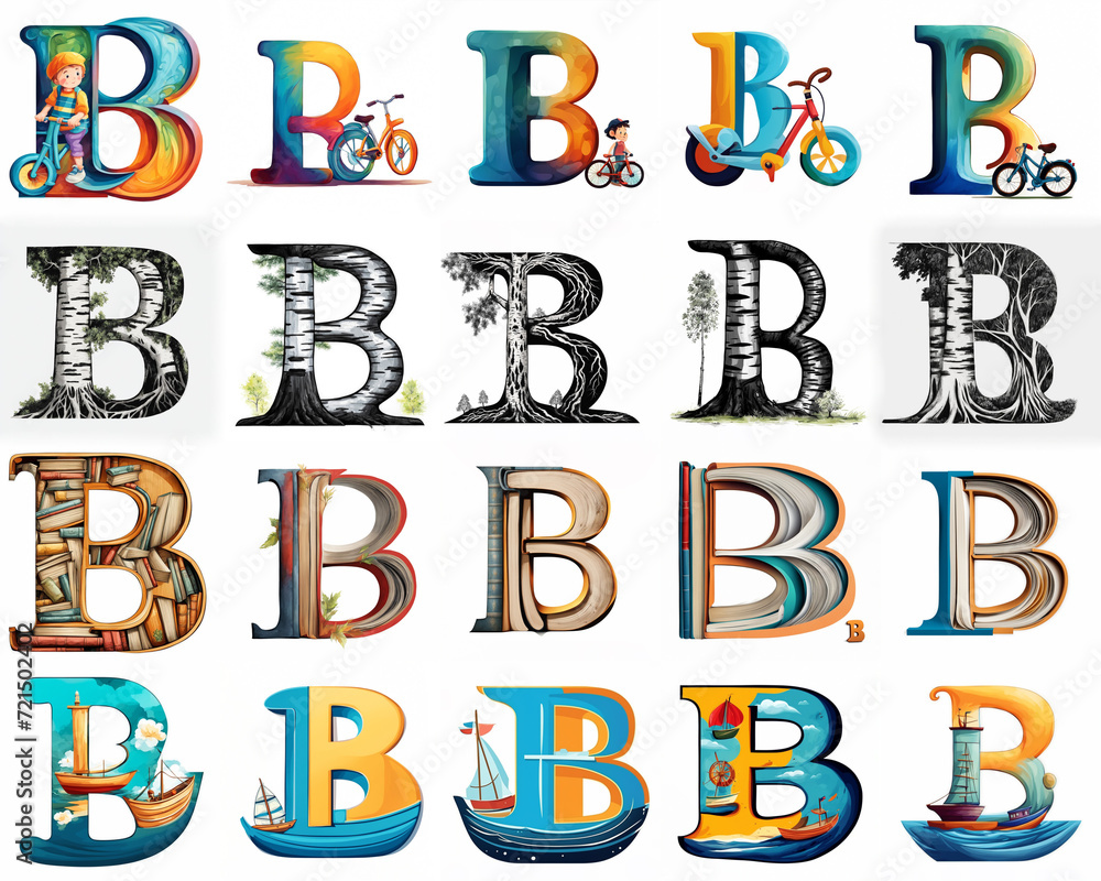 Group of various colourful B letters with pictures of words starting ...
