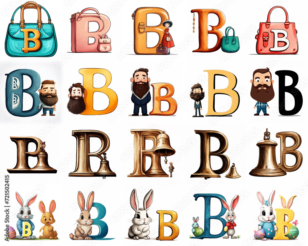 Group of various colourful B letters with pictures of words starting ...
