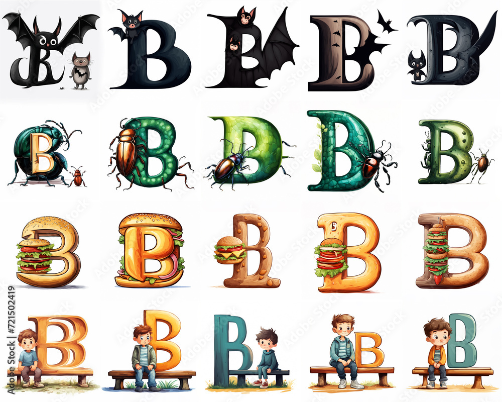 Group of various colourful B letters with pictures of words starting ...