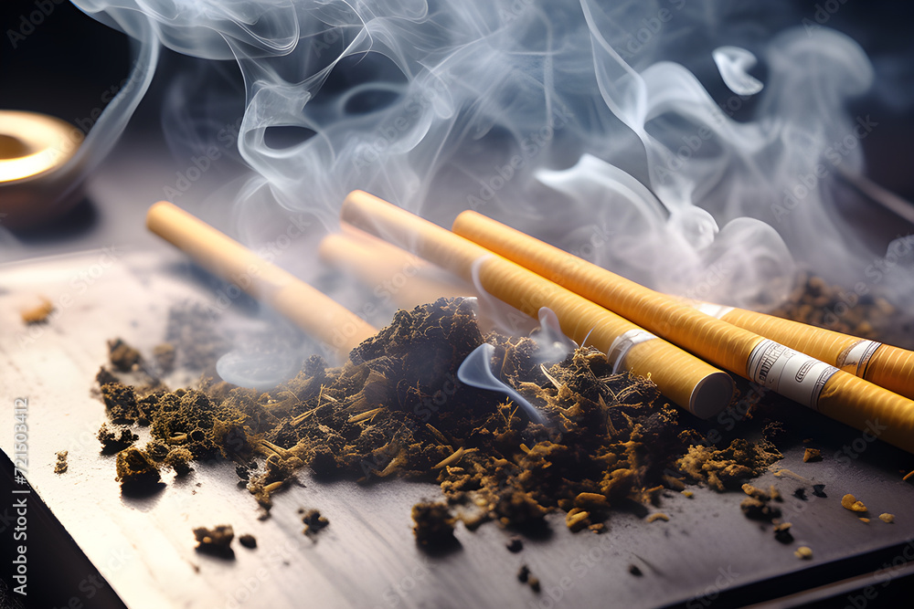 Smoking cigarettes on a dark background. harm of nicotine to health ...