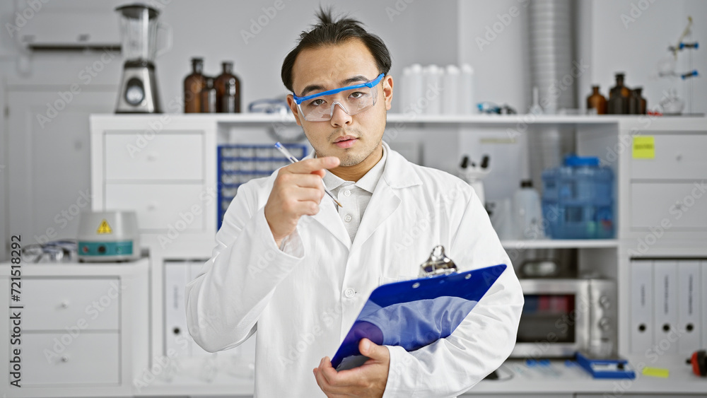 Handsome, young, chinese man, serious adult scientist absorbed in ...