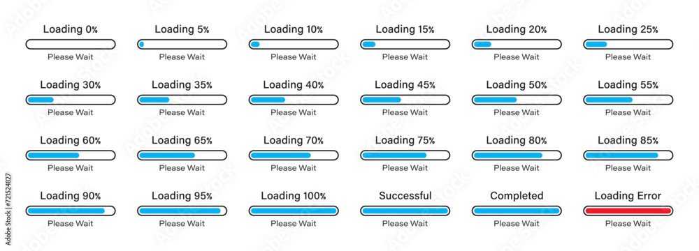 Vecteur Stock Loading please wait bar slider icon set 0-100% with 5% ...