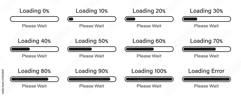Loading please wait bar slider icon set 0-100% in black color ...
