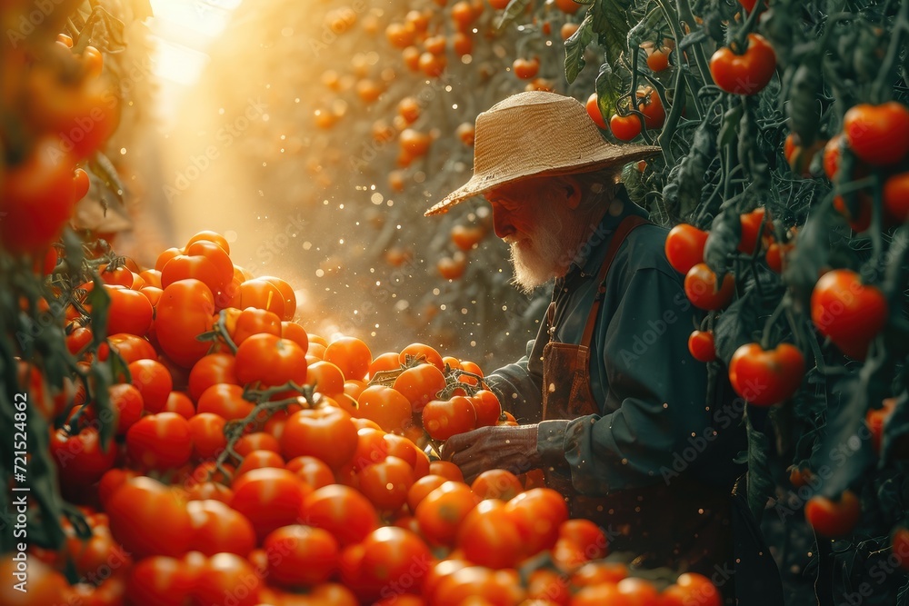 Amidst a vibrant garden, a sun-kissed man in a straw hat plucks juicy ...