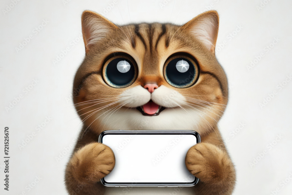 A funny smiling cat with bulging big eyes hold smartphone with white ...