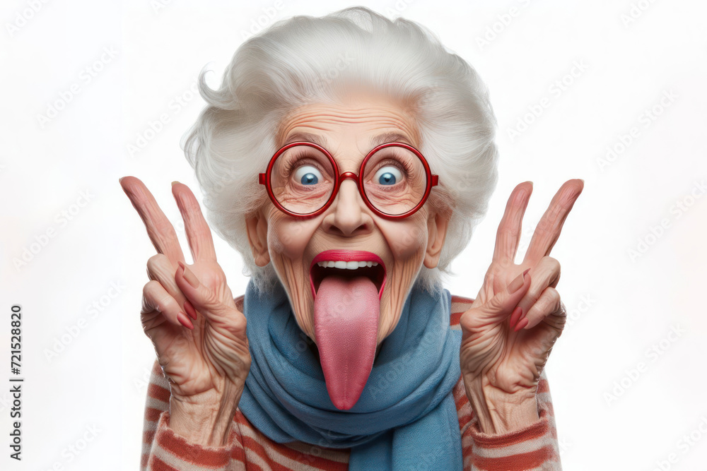 funny old woman shows long tongue isolated on solid white background ...