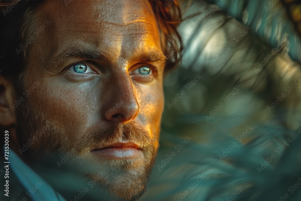 A stoic man with piercing blue eyes stares back, his face a map of ...