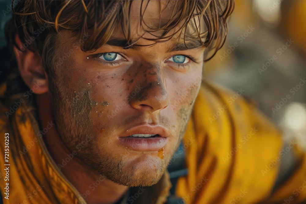 A rugged man with striking blue eyes and freckles gazes confidently ...