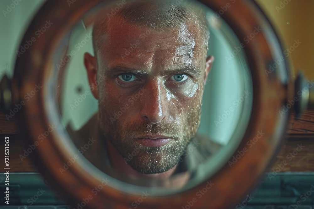 A man's face is reflected in a circular mirror, capturing his ...