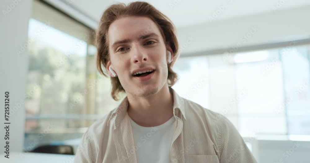 Face, wave and video call with man employee in office for virtual ...