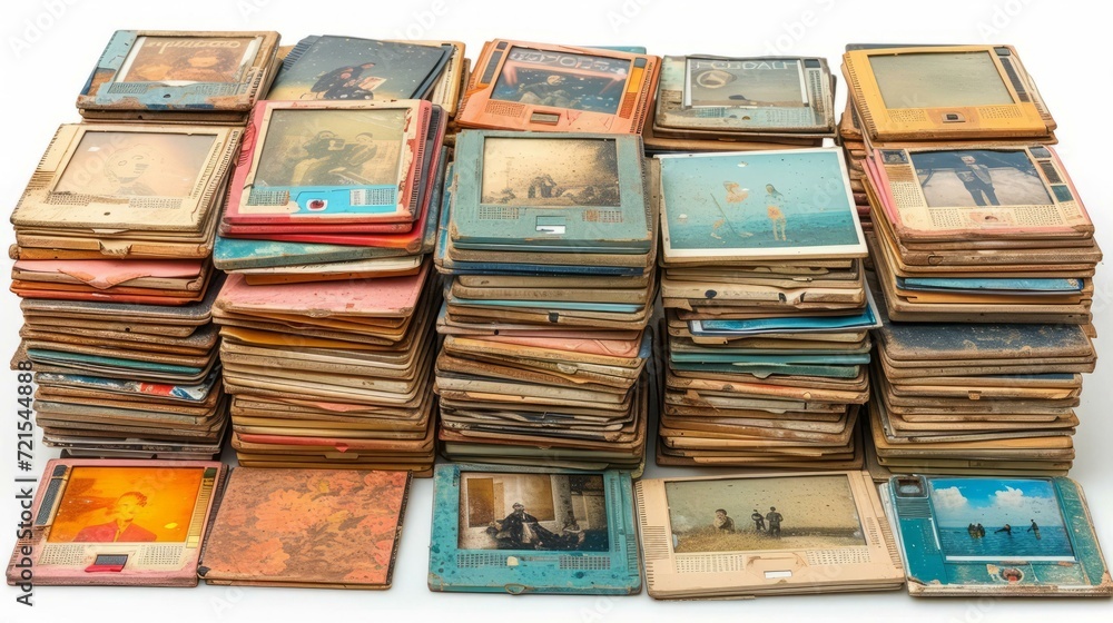 A collection of vintage slide viewers with images of people, places ...