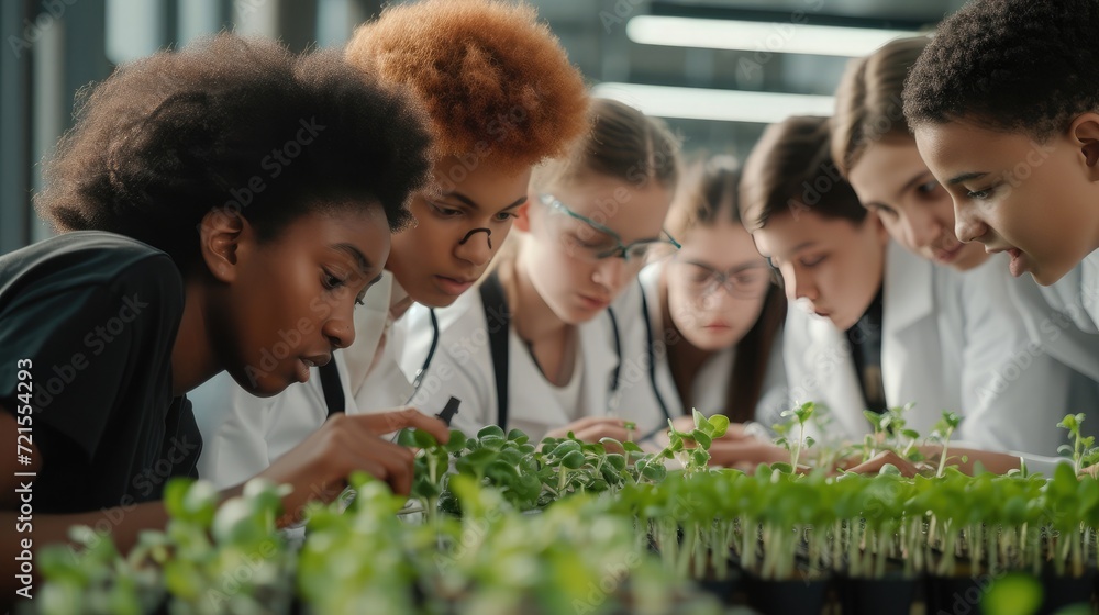 Multiethnic students analyzing plant experiment in school lab. Group of ...