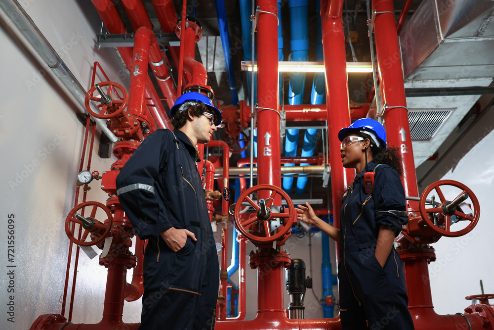 Male and Female engineer working in fire extinguishing room ...