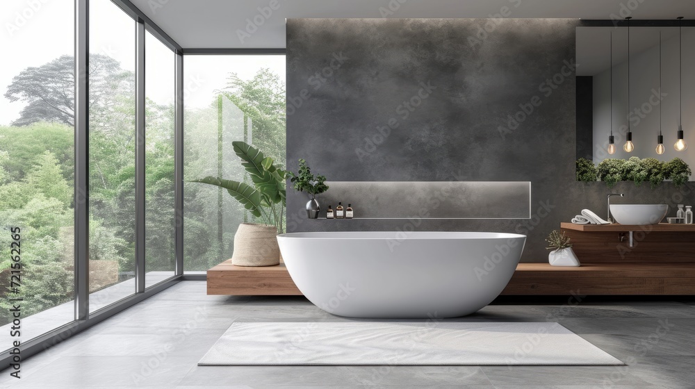 Interior of modern minimalist eco-style bathroom in luxury villa. Grey ...